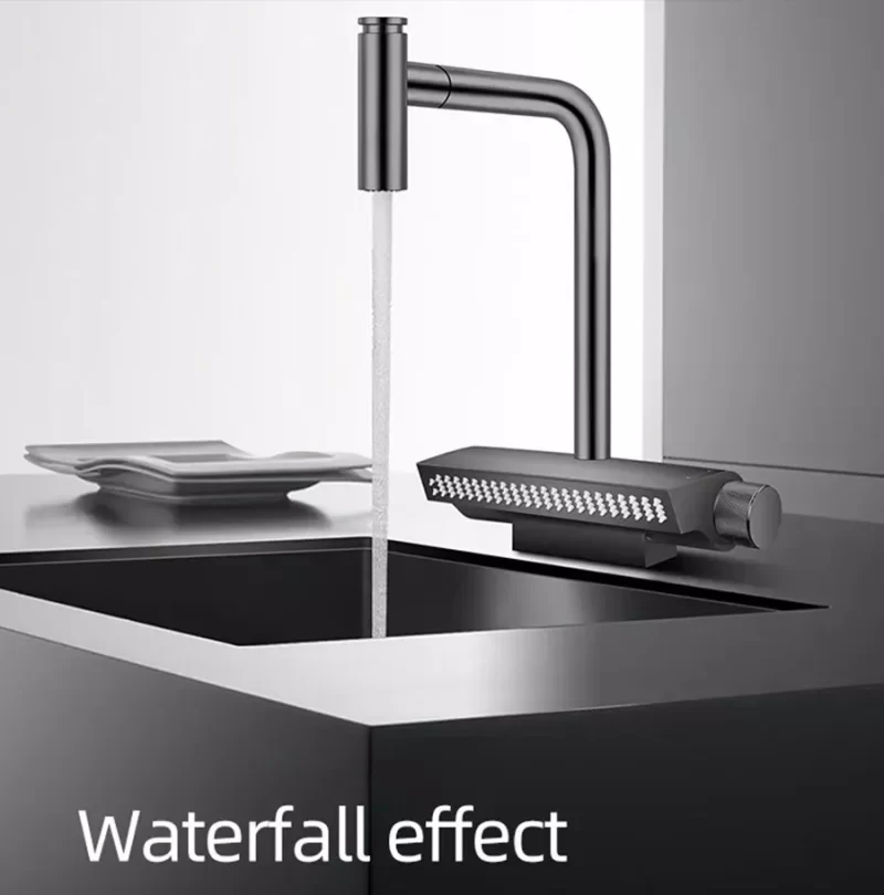 Contemporary Black Brass Waterfall Kitchen Faucet with Pull-Out Sprayer ...